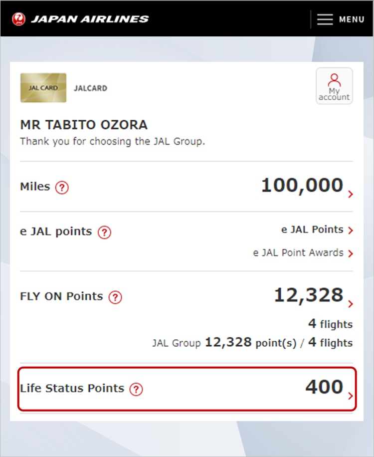 JAL Life Status Program - Life Status Points - How to verify your Life Status Points